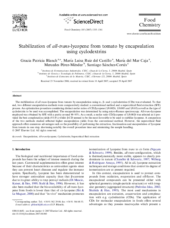 (PDF) Stabilization of all-trans-lycopene from tomato by encapsulation using cyclodextrins