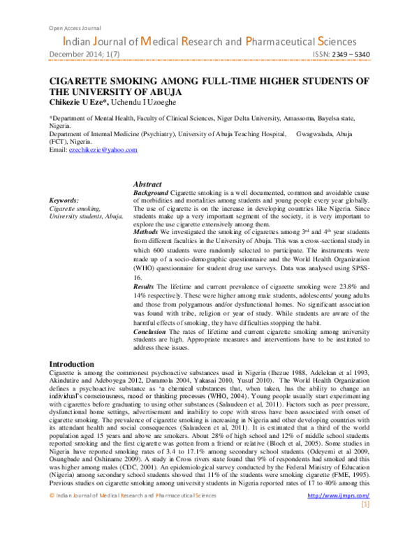 (PDF) CIGARETTE SMOKING AMONG FULL-TIME HIGHER STUDENTS OF THE ...