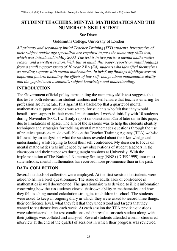 (PDF) STUDENT TEACHERS, MENTAL MATHEMATICS AND THE NUMERACY SKILLS TEST