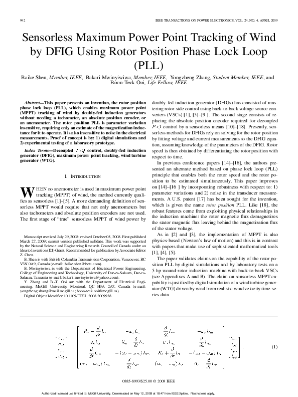 Sensorless Mppt For Wind Dfig Via Pll 