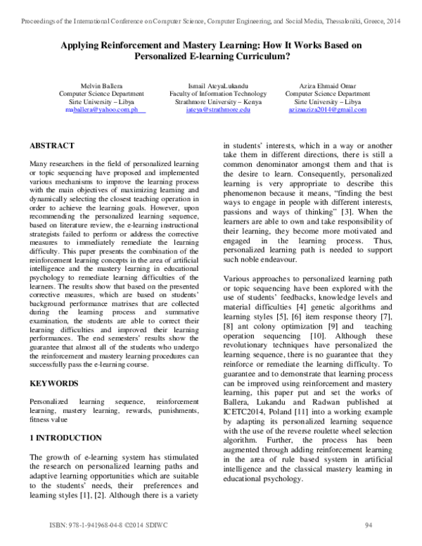 Pdf Applying Reinforcement And Mastery Learning How It Works Based On Personalized E Learning