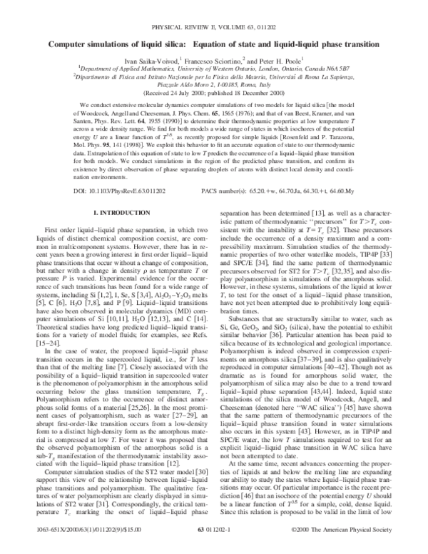(PDF) Computer simulations of liquid silica: Equation of state and liquid-liquid phase transition