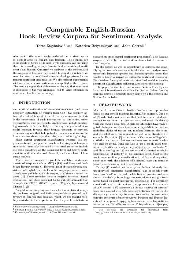 (PDF) Comparable English-Russian Book Review Corpora for Sentiment Analysis