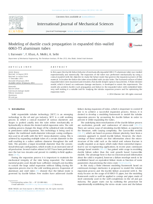Pdf Modeling Of Ductile Crack Propagation In Expanded Thin Walled 6063 T5 Aluminum Tubes