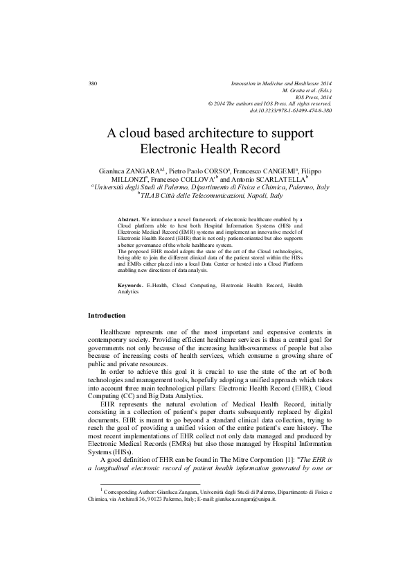 (PDF) A cloud based architecture to support Electronic Health Record