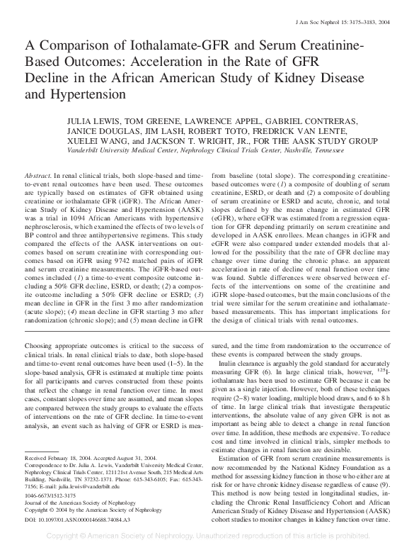 (PDF) A Comparison of Iothalamate-GFR and Serum Creatinine Based ...