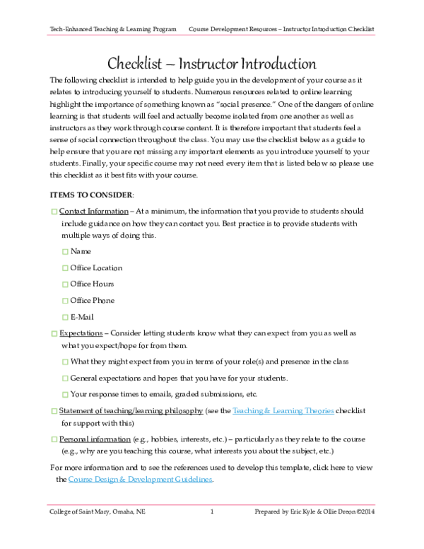 (PDF) Checklist – Instructor Introduction
