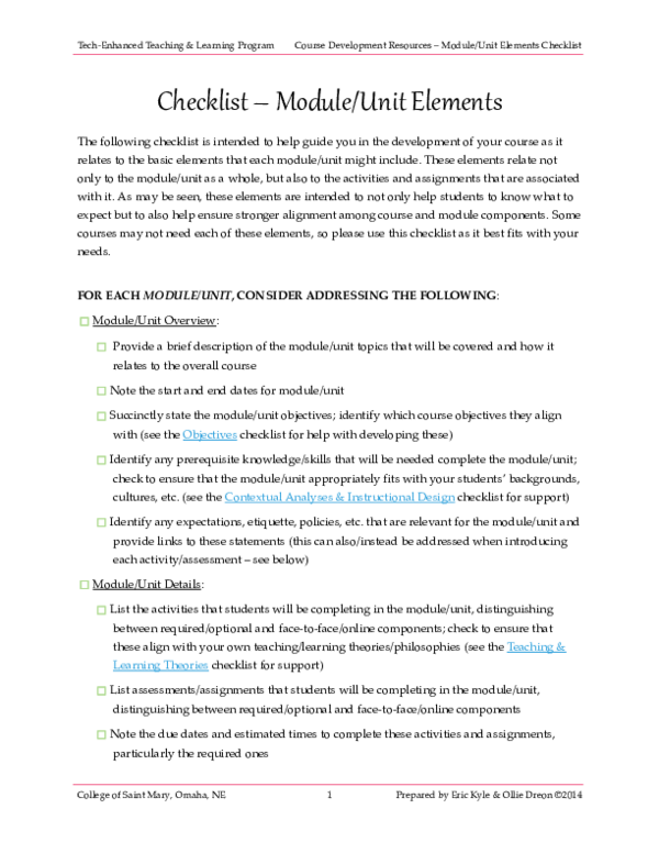 (PDF) Checklist – Module/Unit Elements