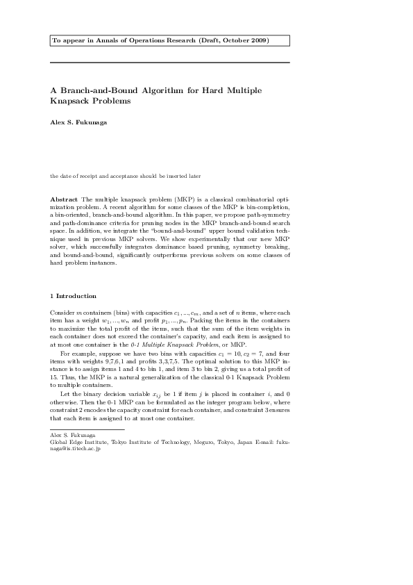 Pdf A Branch And Bound Algorithm For Hard Multiple Knapsack Problems