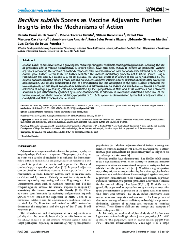 (PDF) Bacillus subtilis Spores as Vaccine Adjuvants: Further Insights ...