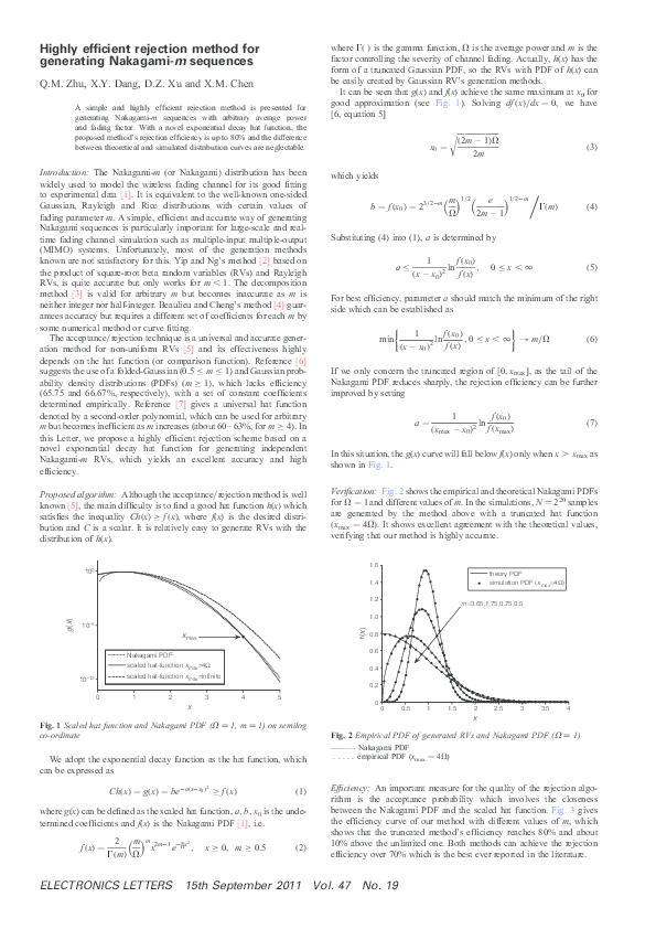 Highly efficient rejection method for generating Nakagami-m sequences