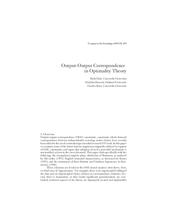 (PDF) Output-Output Correspondence in Optimality Theory | Charles Reiss and Mark Hale - Academia.edu