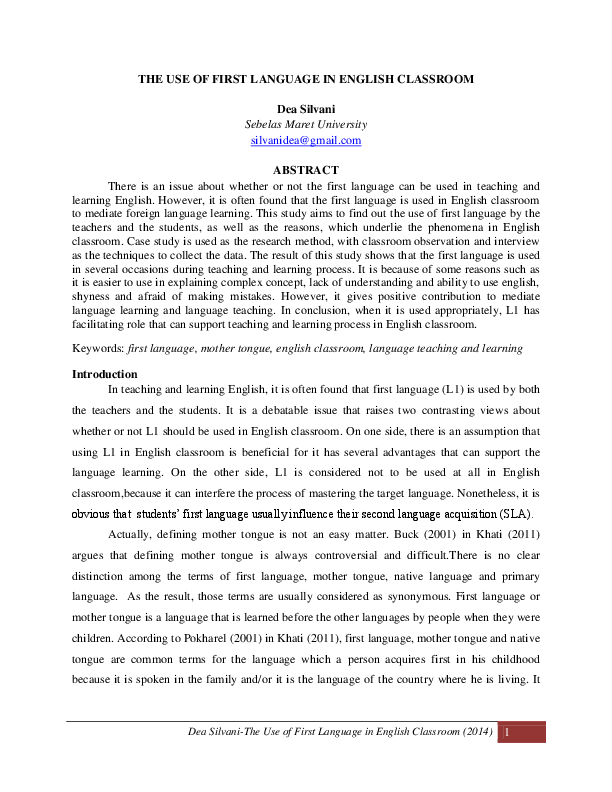 (PDF) THE USE OF FIRST LANGUAGE IN ENGLISH CLASSROOM