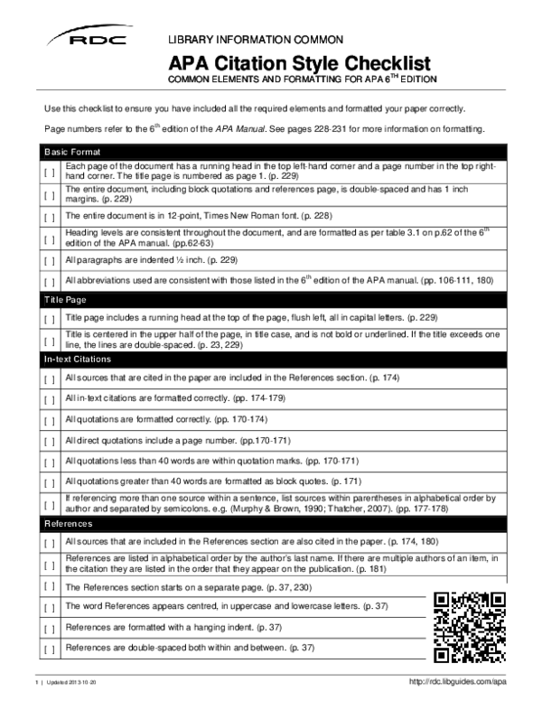 (PDF) APA Citation Style Checklist