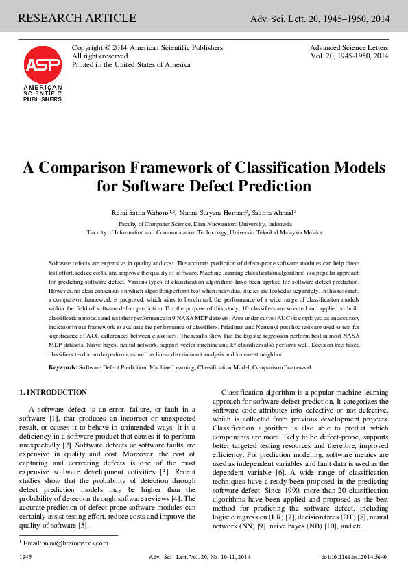 Pdf A Comparison Framework Of Classification Models For Software Defect Prediction