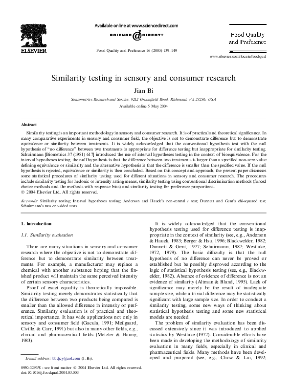 (PDF) Similarity testing in sensory and consumer research