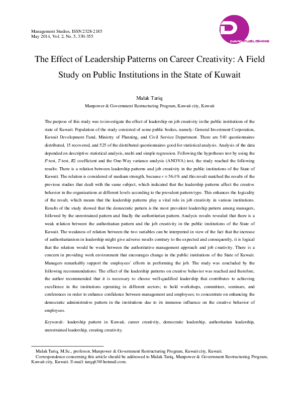 (PDF) The Effect of Leadership Patterns on Career Creativity: A Field ...