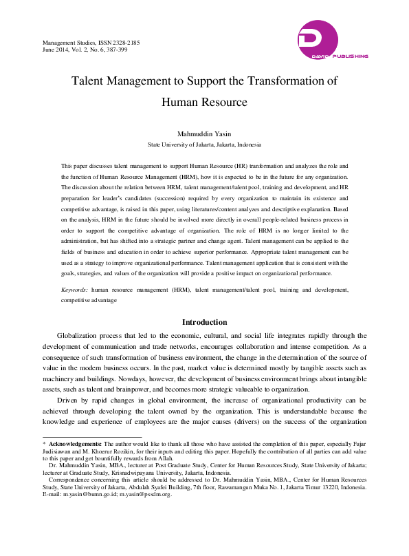 (PDF) Talent Management to Support the Transformation of Human Resource