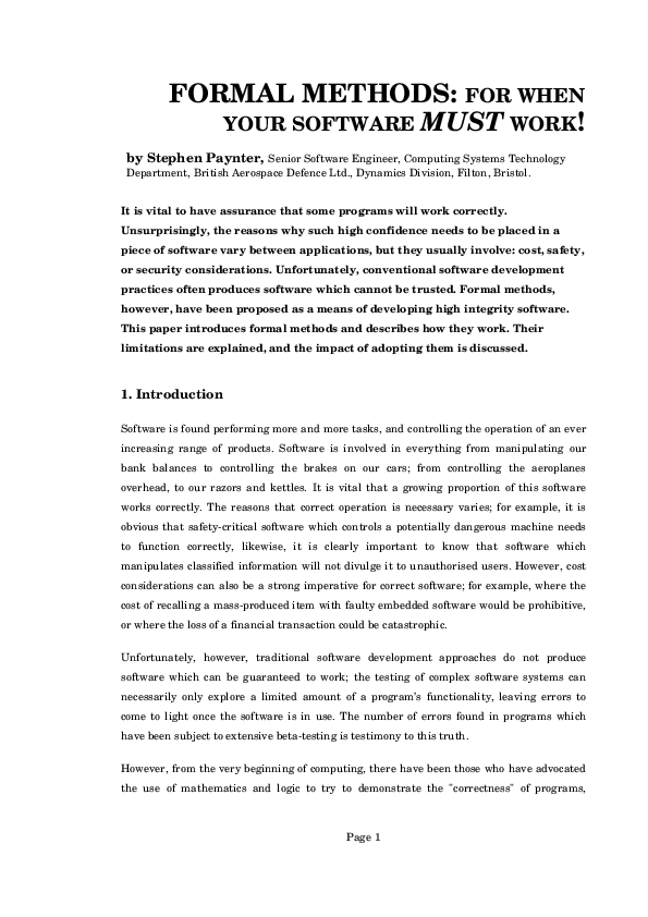 (PDF) Formal Methods: For When Your Software Must Work