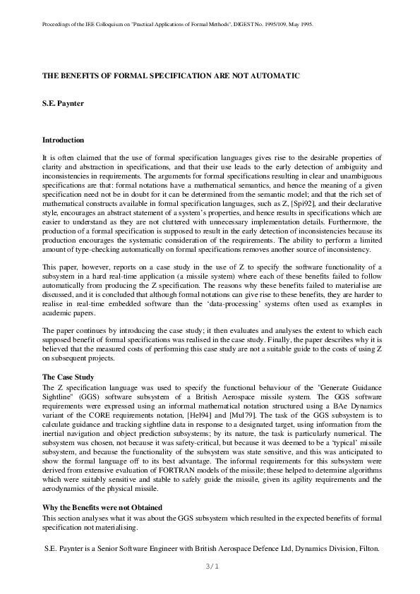 (PDF) The Benefits of Formal Specification are Not Automatic