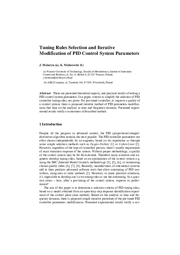 Tuning Rules Selection and Iterative Modification of PID Control System Parameters