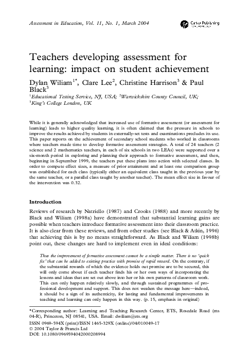 (PDF) Teachers developing assessment for learning: impact on student ...