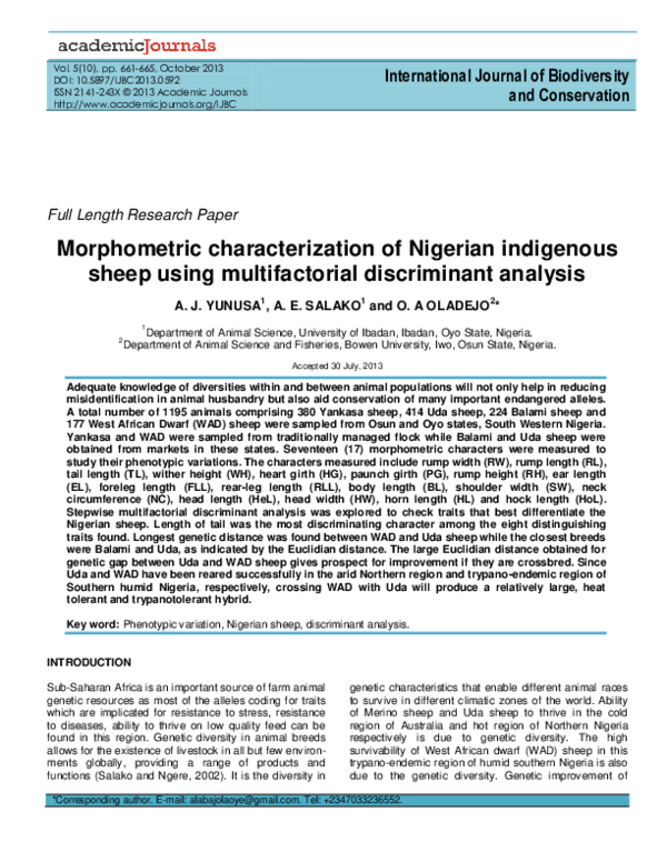 (PDF) Morphometric characterization of Nigerian indigenous sheep using multifactorial ...