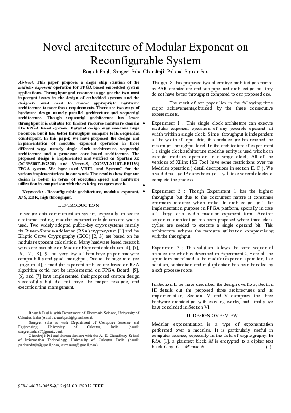 (PDF) Novel architecture of modular exponent on reconfigurable system
