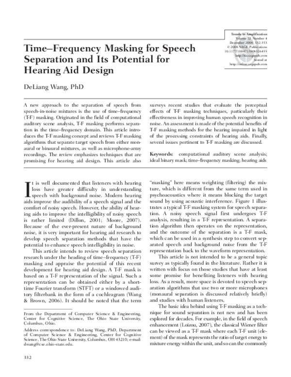 (PDF) Time--Frequency Masking for Speech Separation and Its Potential for Hearing Aid Design