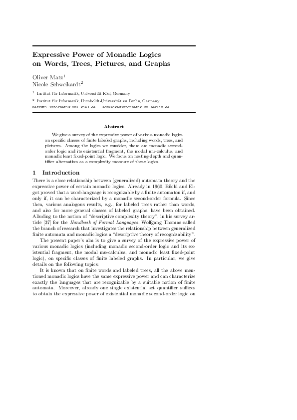 (PDF) Expressive power of monadic logics on words, trees, pictures, and graphs