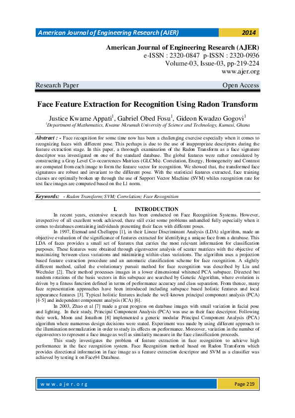 Pdf Face Feature Extraction For Recognition Using Radon Transform