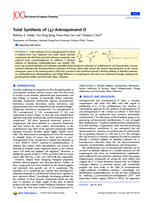 (PDF) Total Synthesis of (±)-Antroquinonol D
