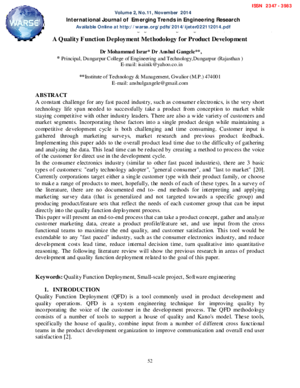 Pdf A Quality Function Deployment Methodology For Product Development