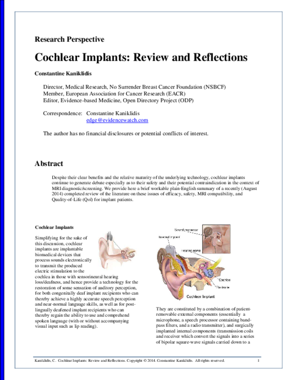 (PDF) Cochlear Implants - Review and Reflections