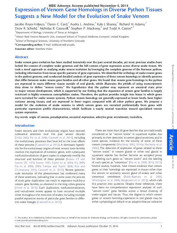 (PDF) Expression of Venom Gene Homologs in Diverse Python Tissues ...