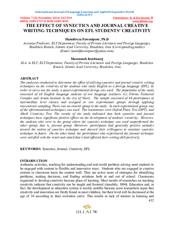 (PDF) THE EFFECT OF SYNECTICS AND JOURNAL CREATIVE WRITING TECHNIQUES ...