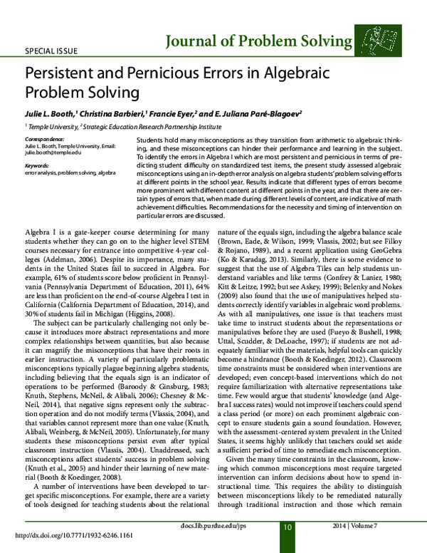 (PDF) Persistent and Pernicious Errors in Algebraic Problem Solving
