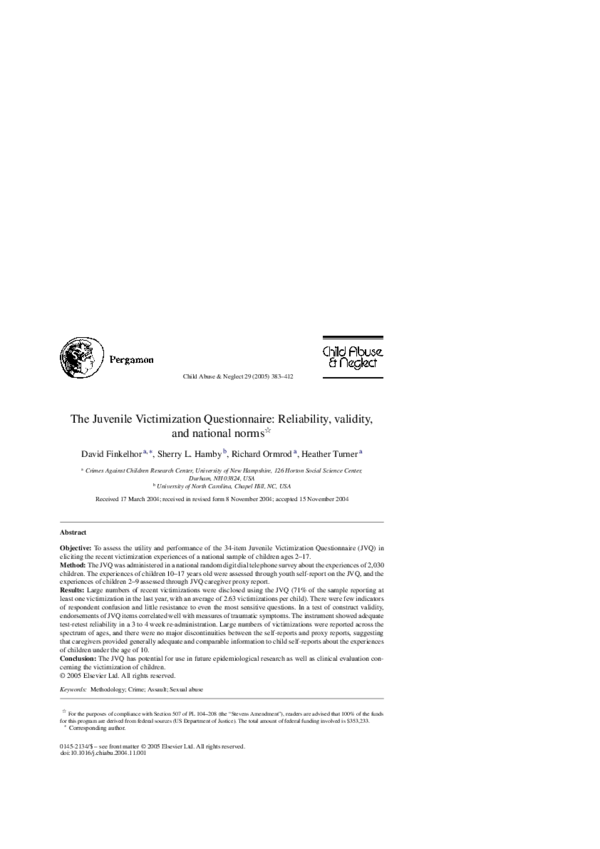 (PDF) The Juvenile Victimization Questionnaire: Reliability, validity ...