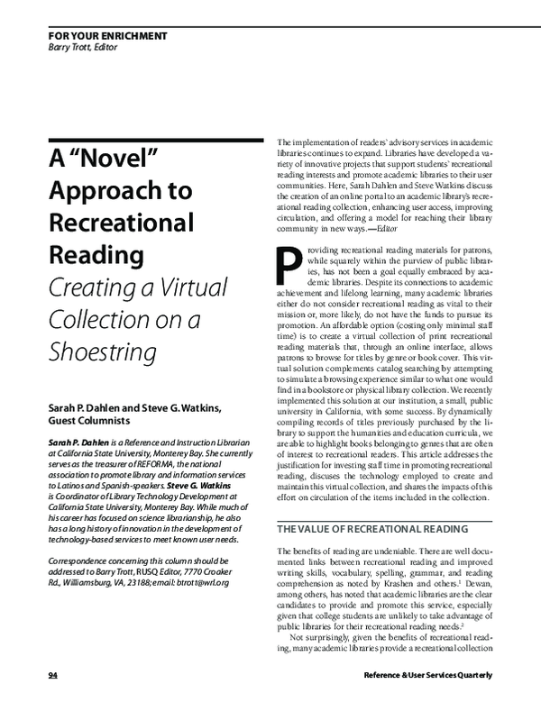 (PDF) A “Novel” Approach to Recreational Reading: Creating a Virtual ...