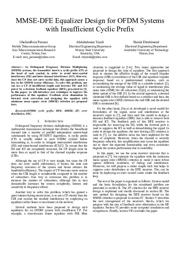 Pdf Mmse Dfe Equalizer Design For Ofdm Systems With Insufficient