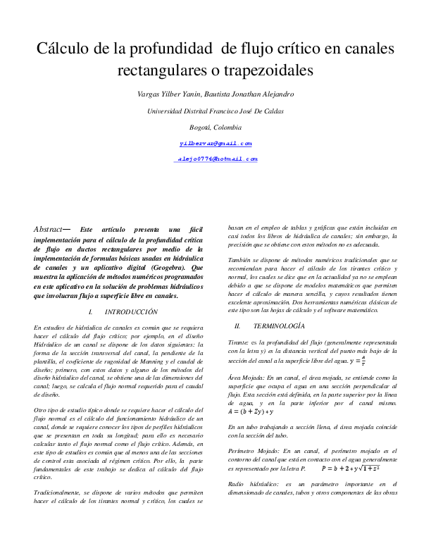 (PDF) Cálculo de la profundidad de flujo crítico en canales ...
