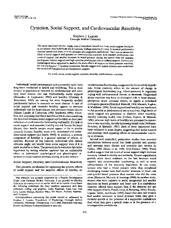 Cynicism, social support, and cardiovascular reactivity