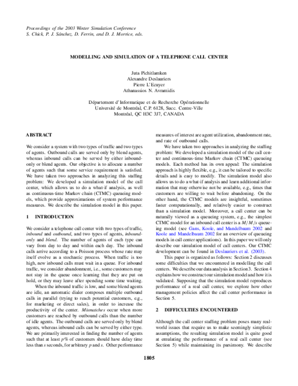 (PDF) Modelling and simulation of a telephone call center | Juta Pichitlamken - Academia.edu