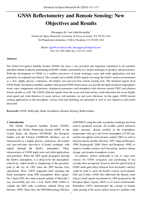 (PDF) GNSS Reflectometry and Remote Sensing: New Objectives and Results