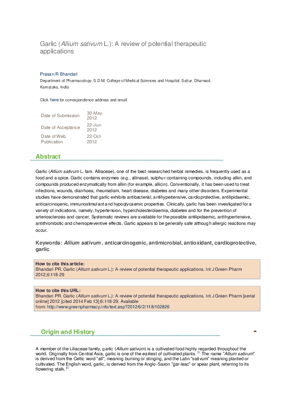(DOC) Garlic (Allium sativum L.): A review of potential therapeutic applications