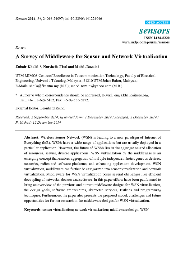 Pdf A Survey Of Middleware For Sensor And Network Virtualization