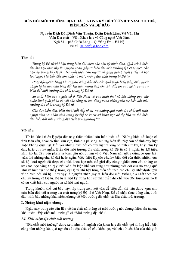 (DOC) BI N Đ I MÔI TR NG Đ A CH T TRONG K Đ T DI N BI N VÀ D BÁO