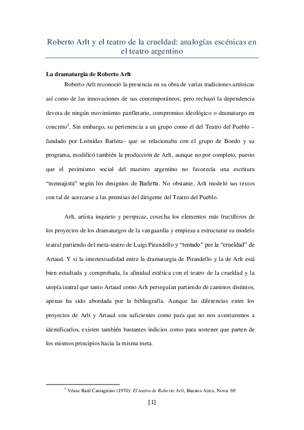 (DOC) "Roberto Arlt y el teatro de la crueldad: analogías escénicas en ...