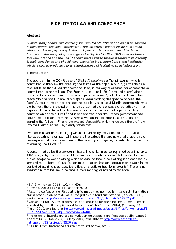 (DOC) SAS v France: Fidelity to Law and Conscience | John Adenitire ...