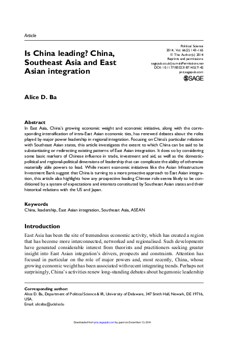 (PDF) Is China Leading? China, Southeast Asia, and East Asian Integration